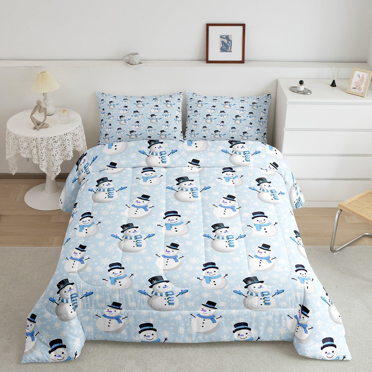 Blue Snowman Comforter Set Full Size,White Snowflake Bedding Set ...
