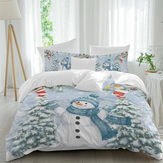 Blue Snowman Comforter Set Full Size, Winter Christmas Tree Birds ...