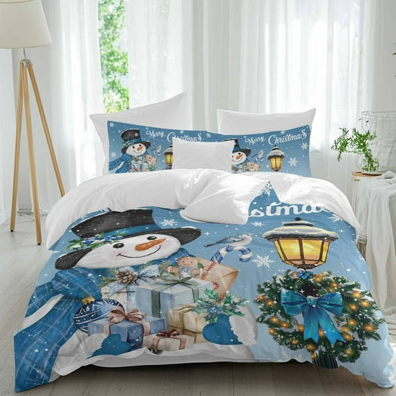 Blue Snowman Duvet Cover Set Queen Size, Christmas Winter Wreath ...