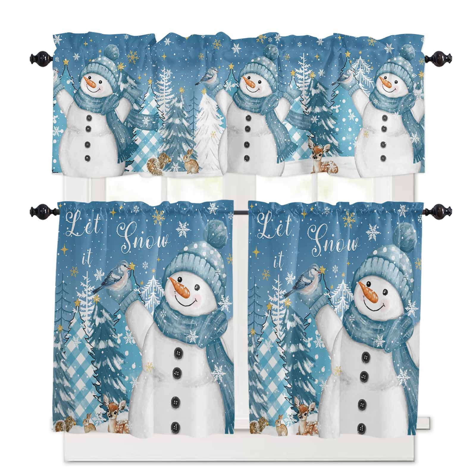 Blue Snowman Kitchen Curtains and Valances Set, Christmas Let Snow Pine ...