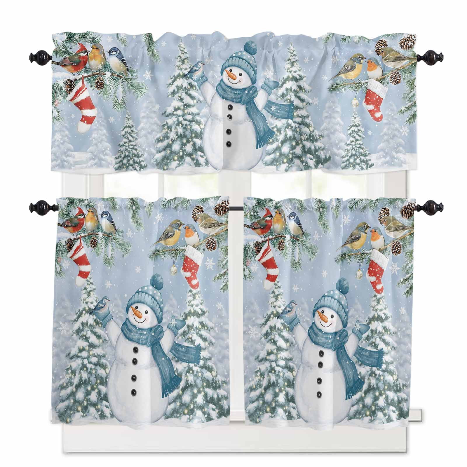 Blue Snowman Kitchen Curtains and Valances Set, Winter Christmas Tree ...