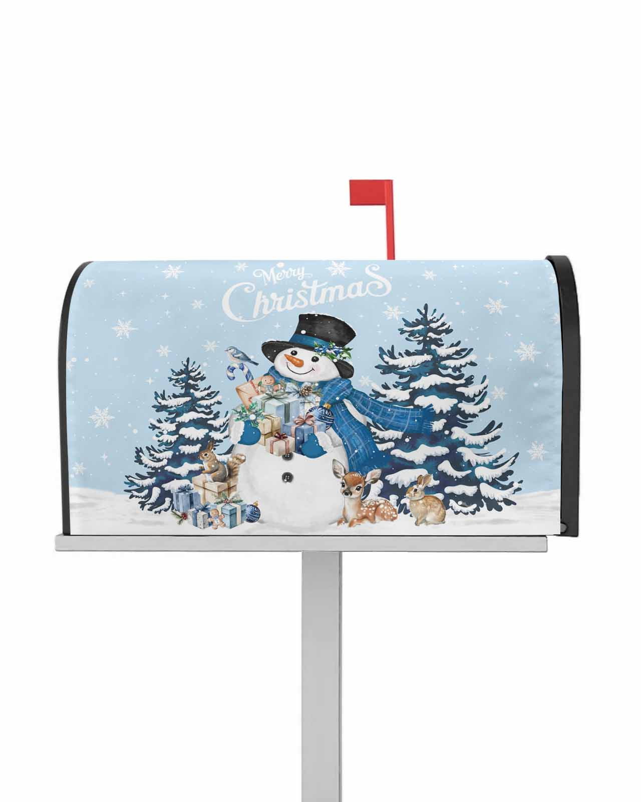 Blue Snowman Mailbox Cover, Christmas Tree Winter Snowflake Light Blue ...