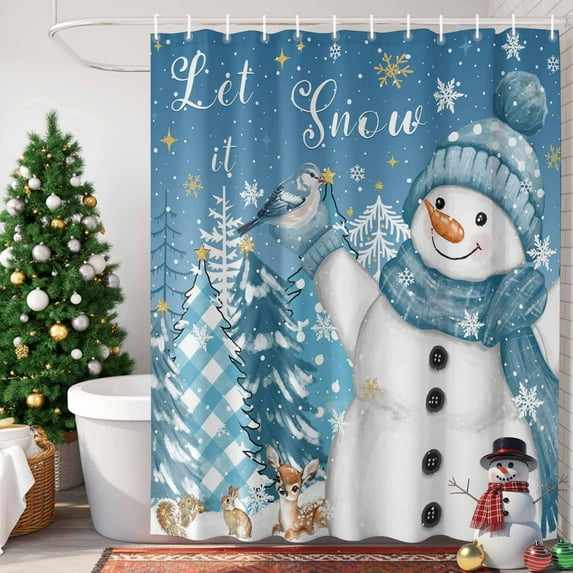 Blue Snowman Shower Curtain, 48" x 72", Christmas Let Snow Pine Trees ...