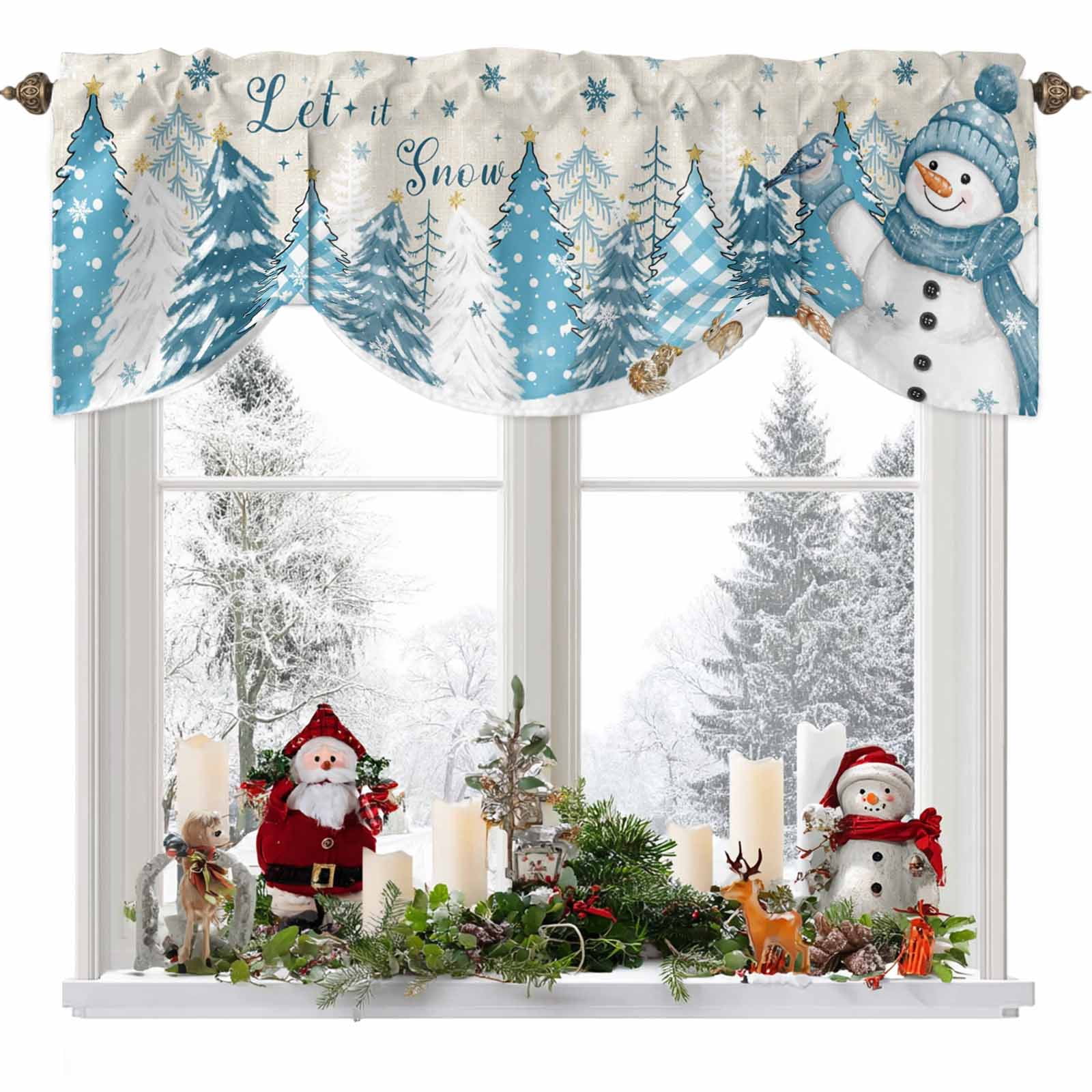 Blue Snowman Tie Up Valances Curtain, Christmas Let Snow Pine Trees ...