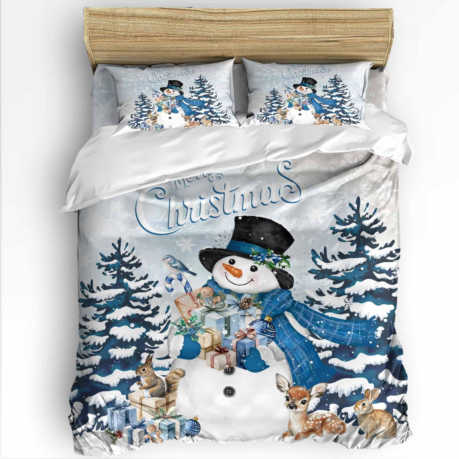 Blue Snowman Twin Size Comforter Set, Christmas Tree Winter Snowflake Grey Elk Rabbit Soft ...