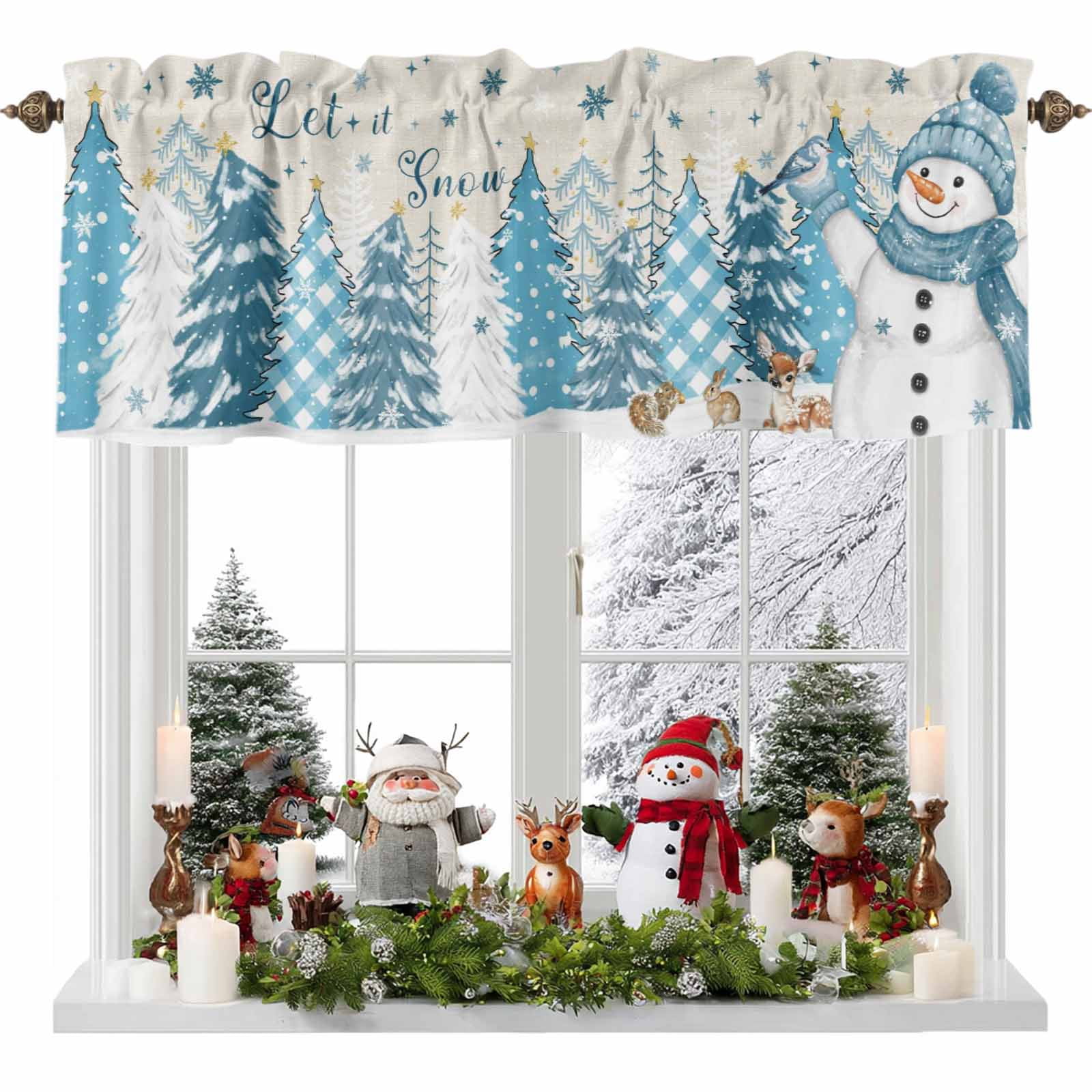 Blue Snowman Valances for Windows, Christmas Let Snow Pine Trees Bird ...