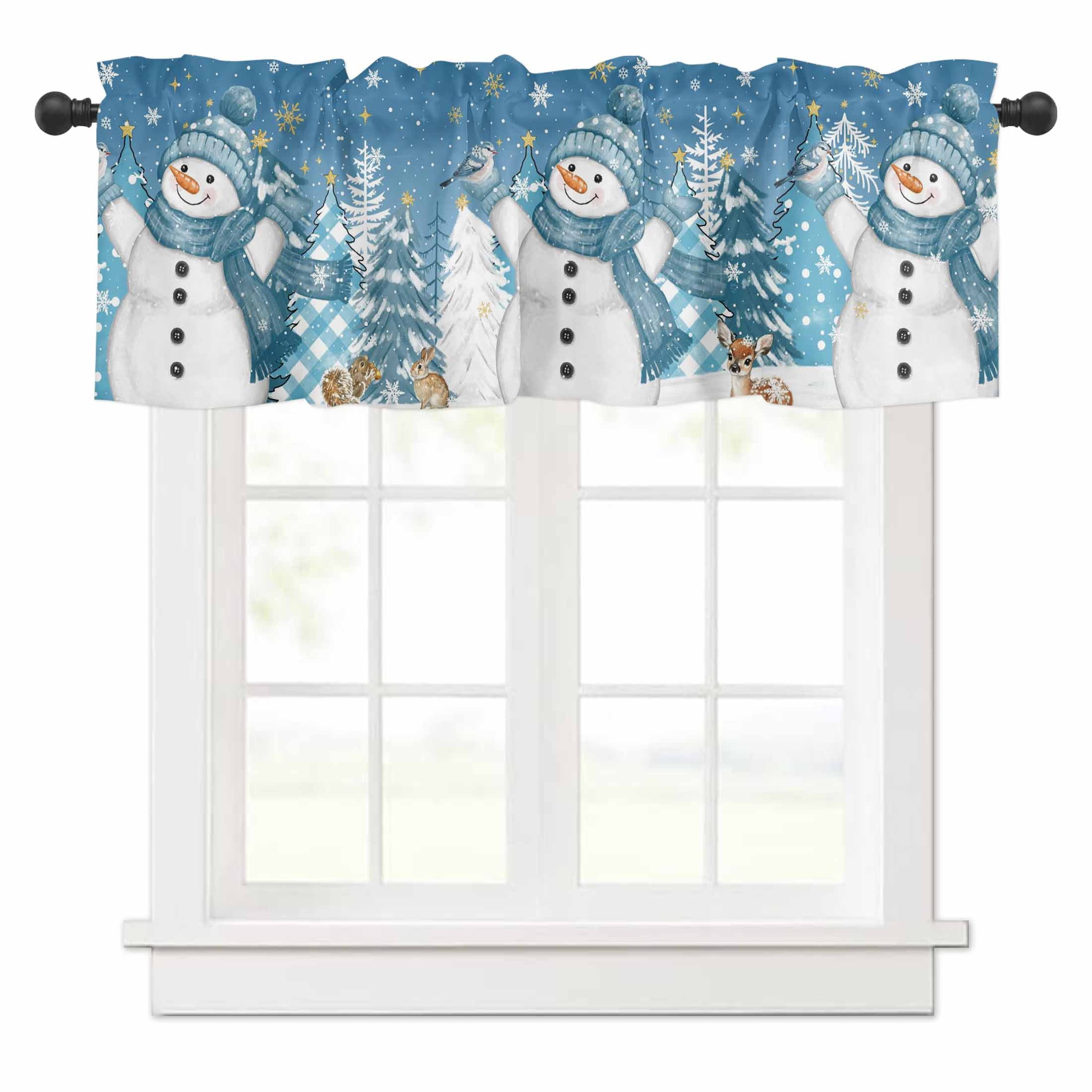 Blue Snowman Valances for Windows Christmas Let Snow Pine Trees Bird ...
