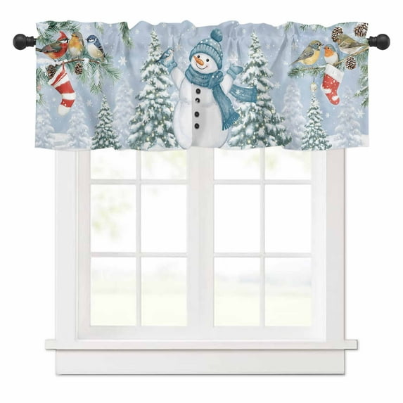 Blue Snowman Valances for Windows Winter Christmas Tree Birds Snowflake ...