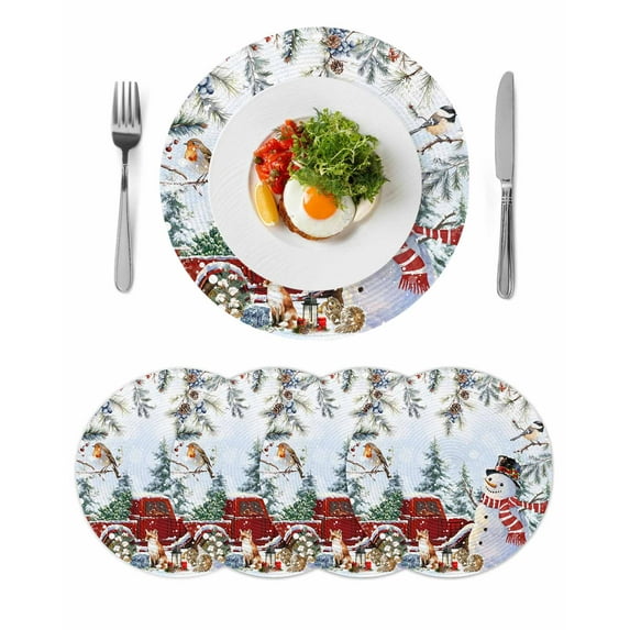 Blue Snowmen Round Table Placemats set of 4, Red Christmas Truck Winter ...