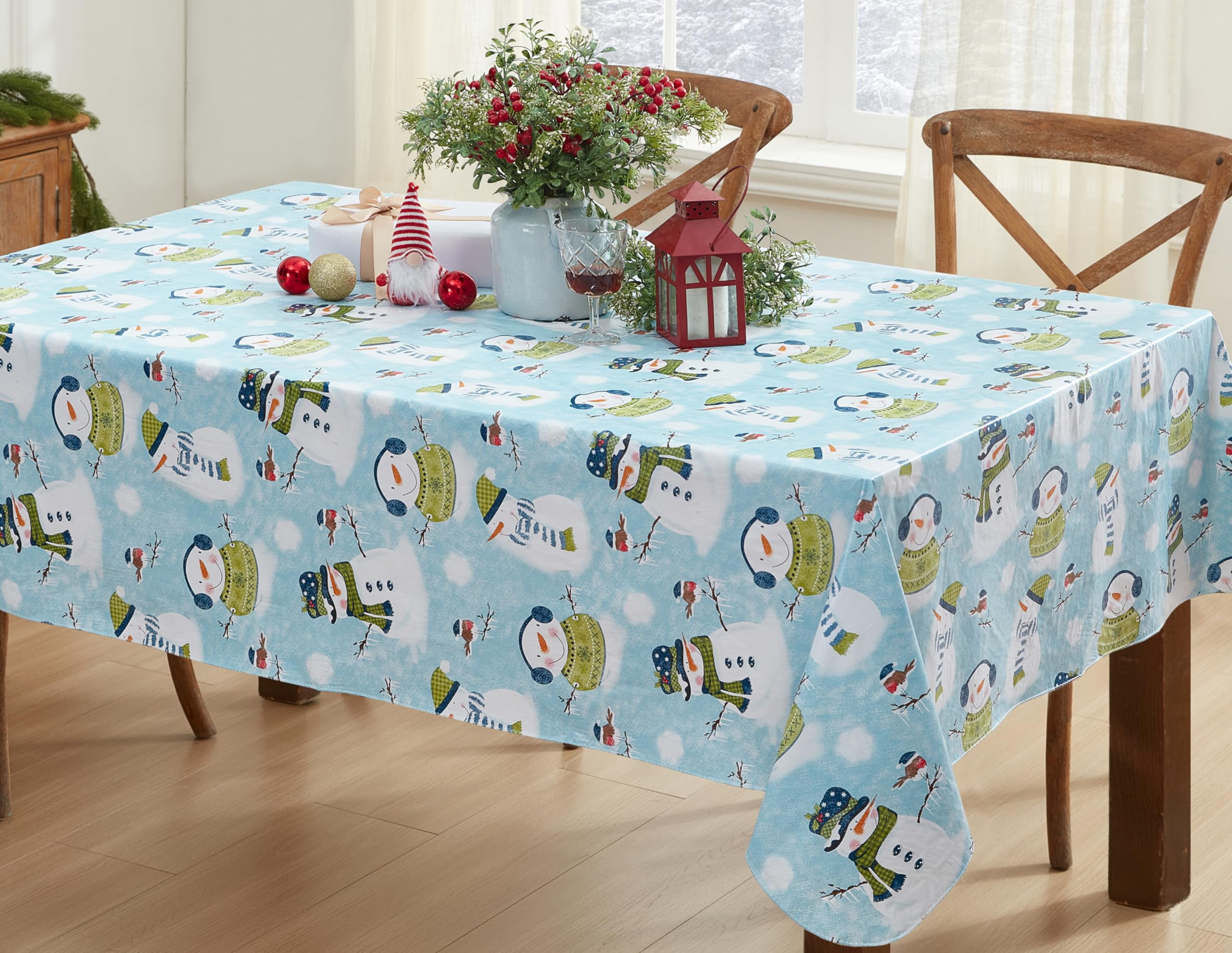Blue Snowy Snowman Christmas Print 52 x 52 inch Square Vinyl Flannel ...