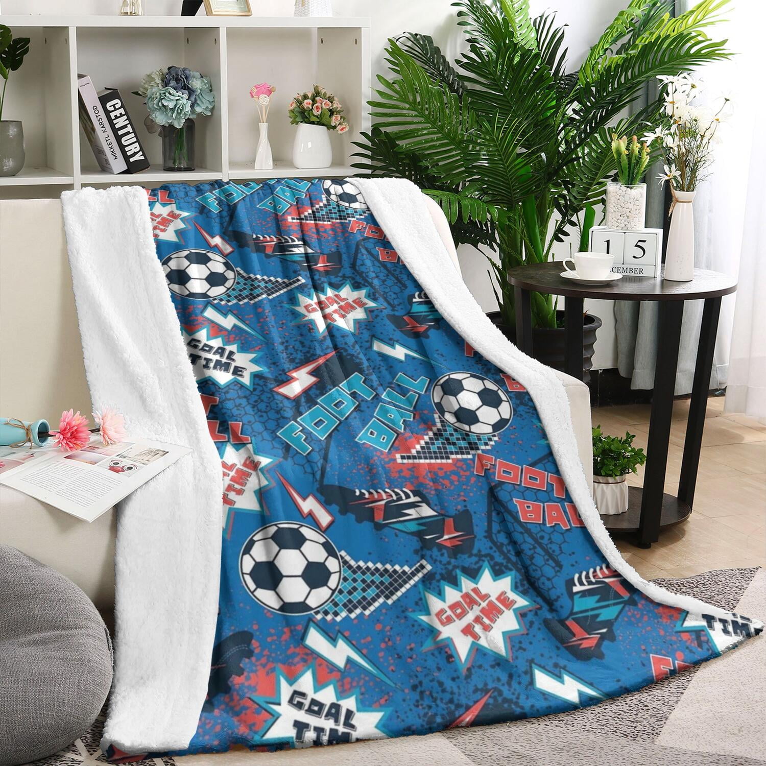 Blue Soccer Elements Pattern Blanket,Comfortable Soft Flannel Throw ...