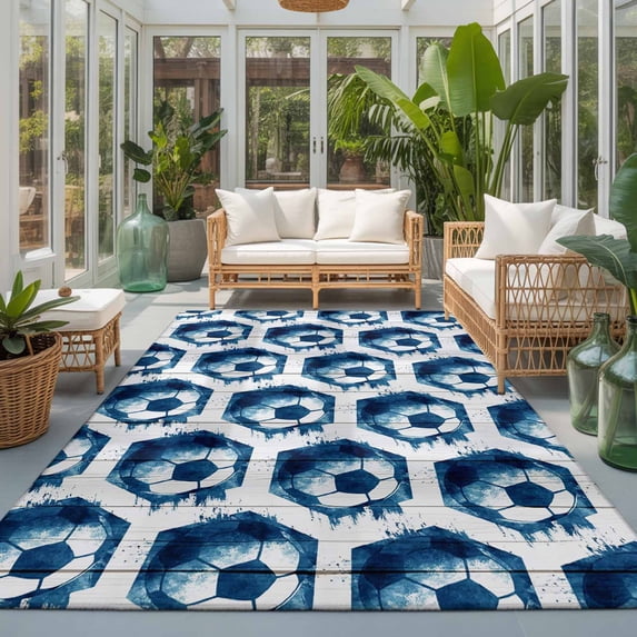 Blue Soccer Washable Living Room Rugs 8'x10', Modern Coastal Football ...