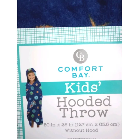 Blue Soft Fuzzy Comfort Bay Kids Hooded Throw Space Rocket Planets ...