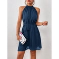 Blue Solid Belted Halter Mini Dress For Women, Summer Tea Party Dress ...