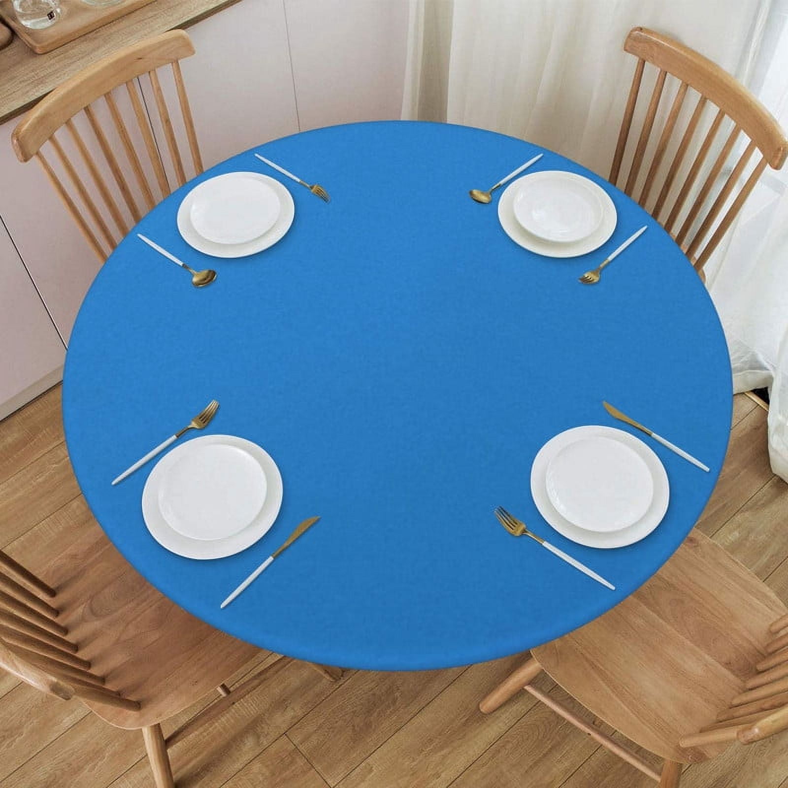 Blue Solid Color Round Fitted Tablecloth with Elastic Fitted Table ...