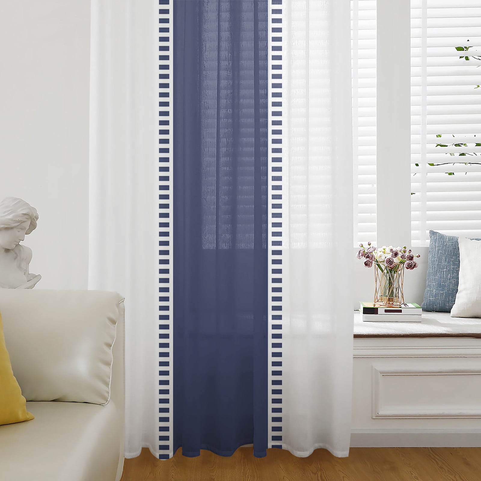 Blue Solid Color Texture Semi Sheer Curtains Drapes for Living Room, Bedroom, French Doors ...