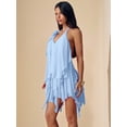Blue Solid Deep V-Neck Halter Backless Ruffle Hem Mini Dress For Summer ...