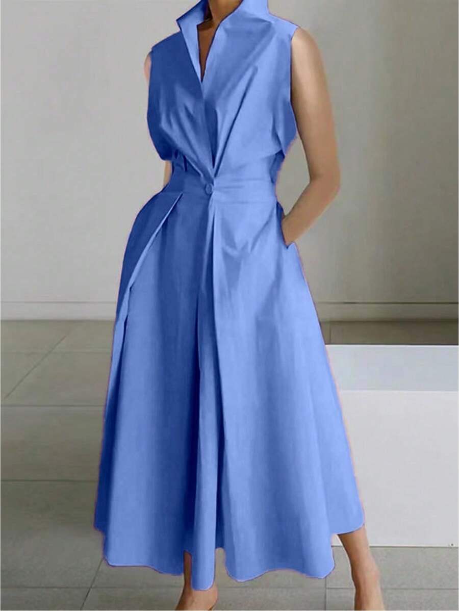 Blue Solid Minimalist Stand Collar Sleeveless A-Line Midi Dress For ...