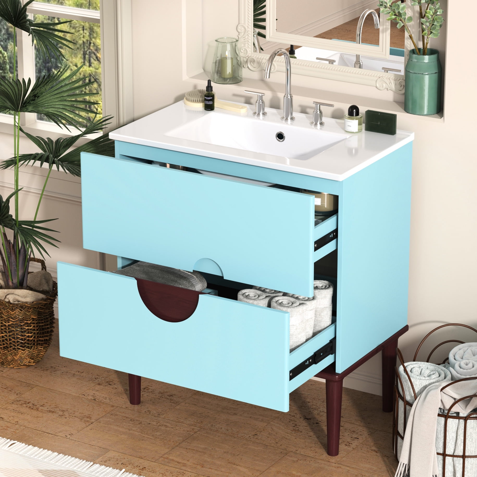 Blue Solid Wood & Bathroom Vanity - 30" Modern Ceramic Sink With ...