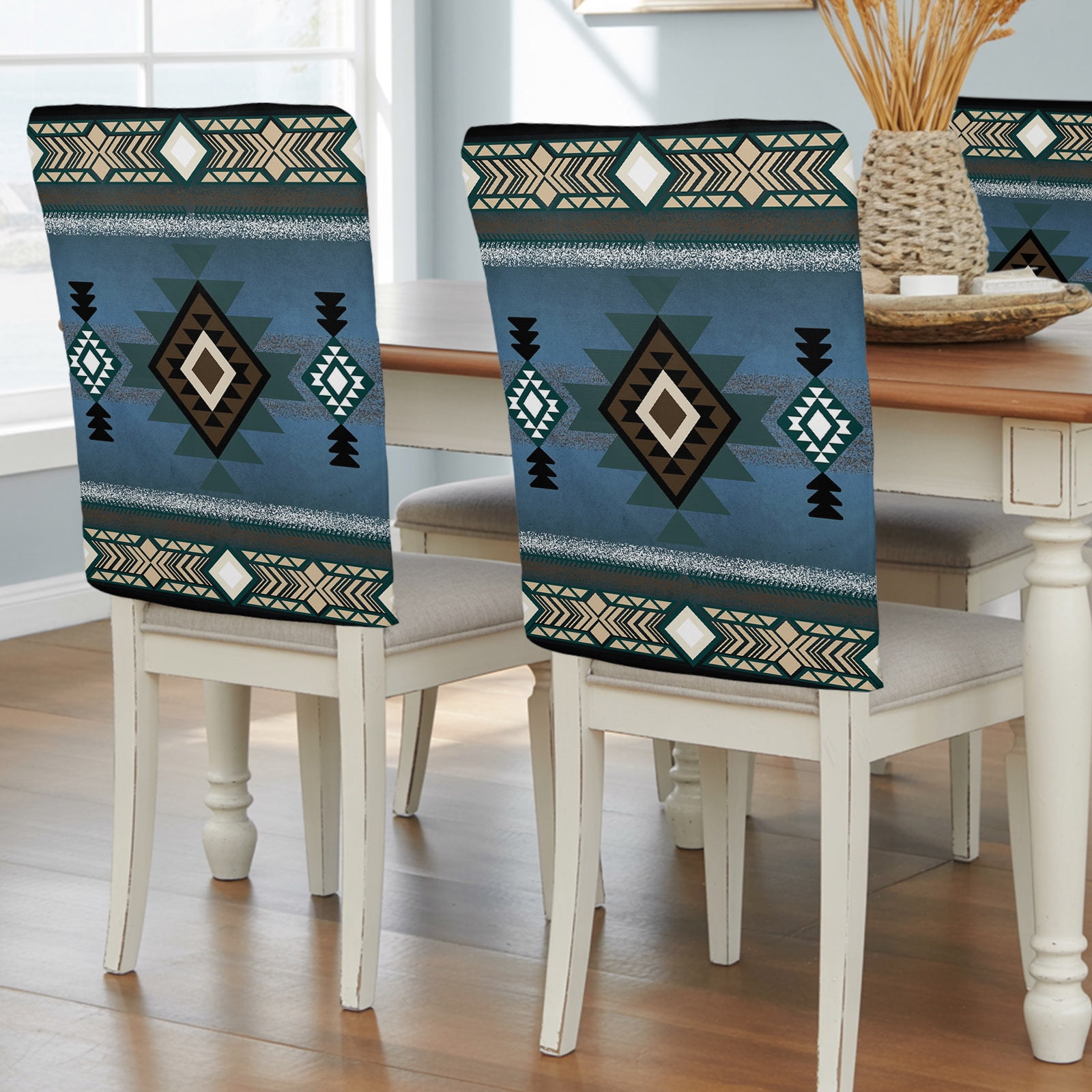 Blue Southwest Chair Back Covers, Farmhouse Boho Aztec Abstract ...