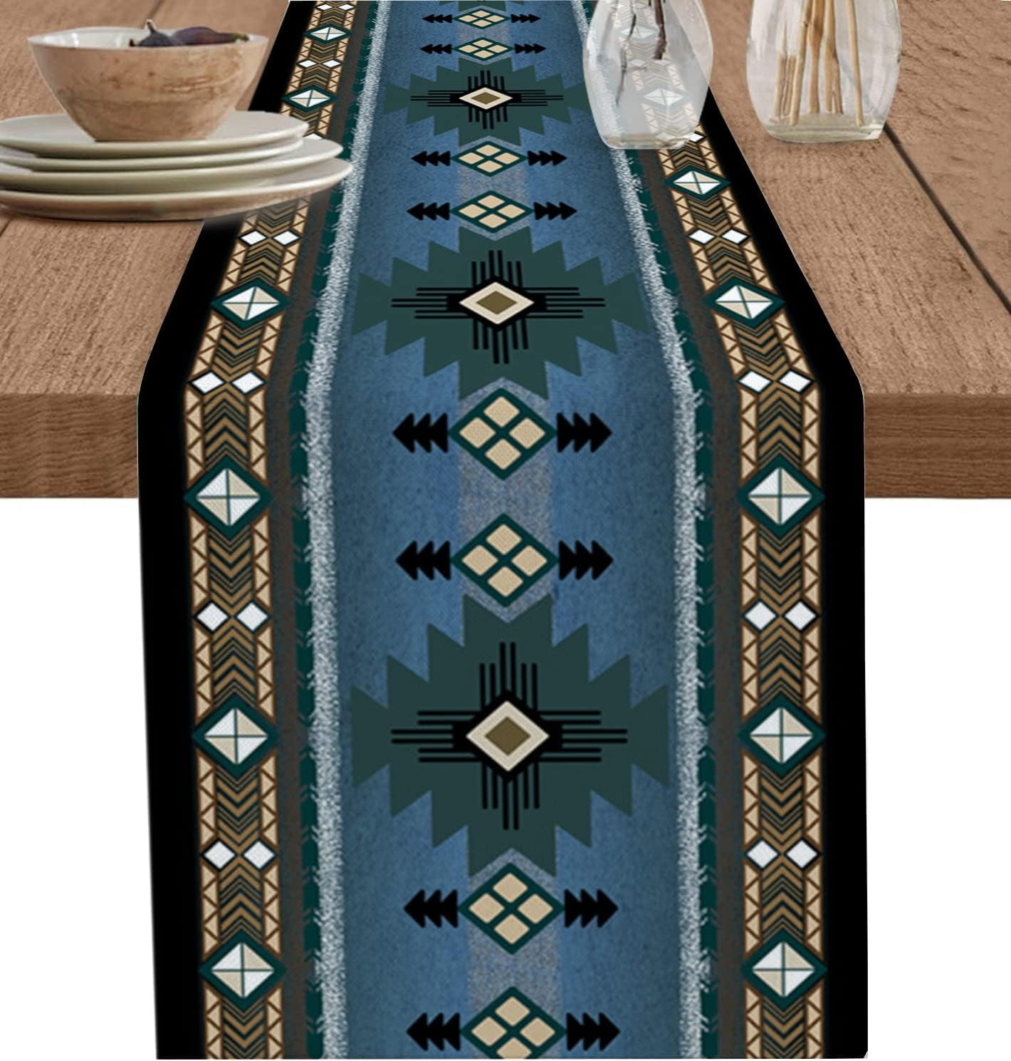 Blue Southwest Linen Table Runners Farmhouse Dress Scarves Modern ...