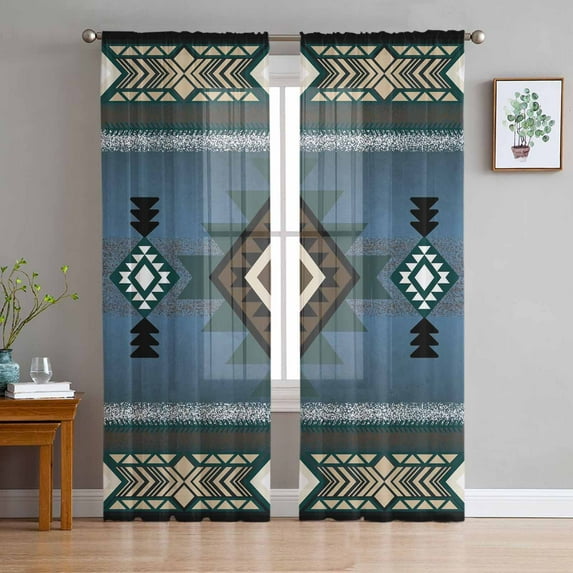 Blue Southwest Sheer Curtains 63 Inches Length 2 Panels Set, Window ...