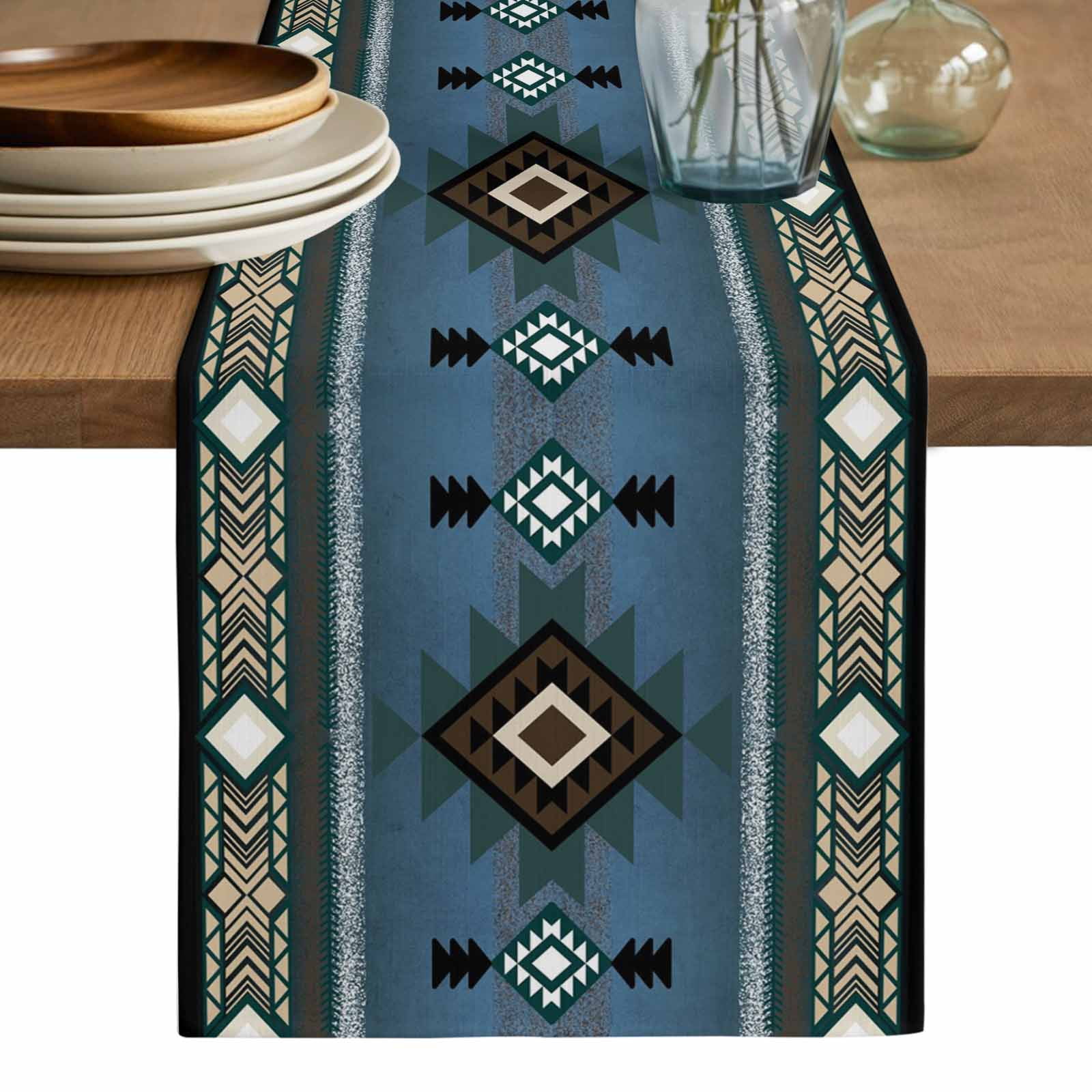 Blue Southwest Table Runner, Farmhouse Boho Aztec Abstract Geometric ...