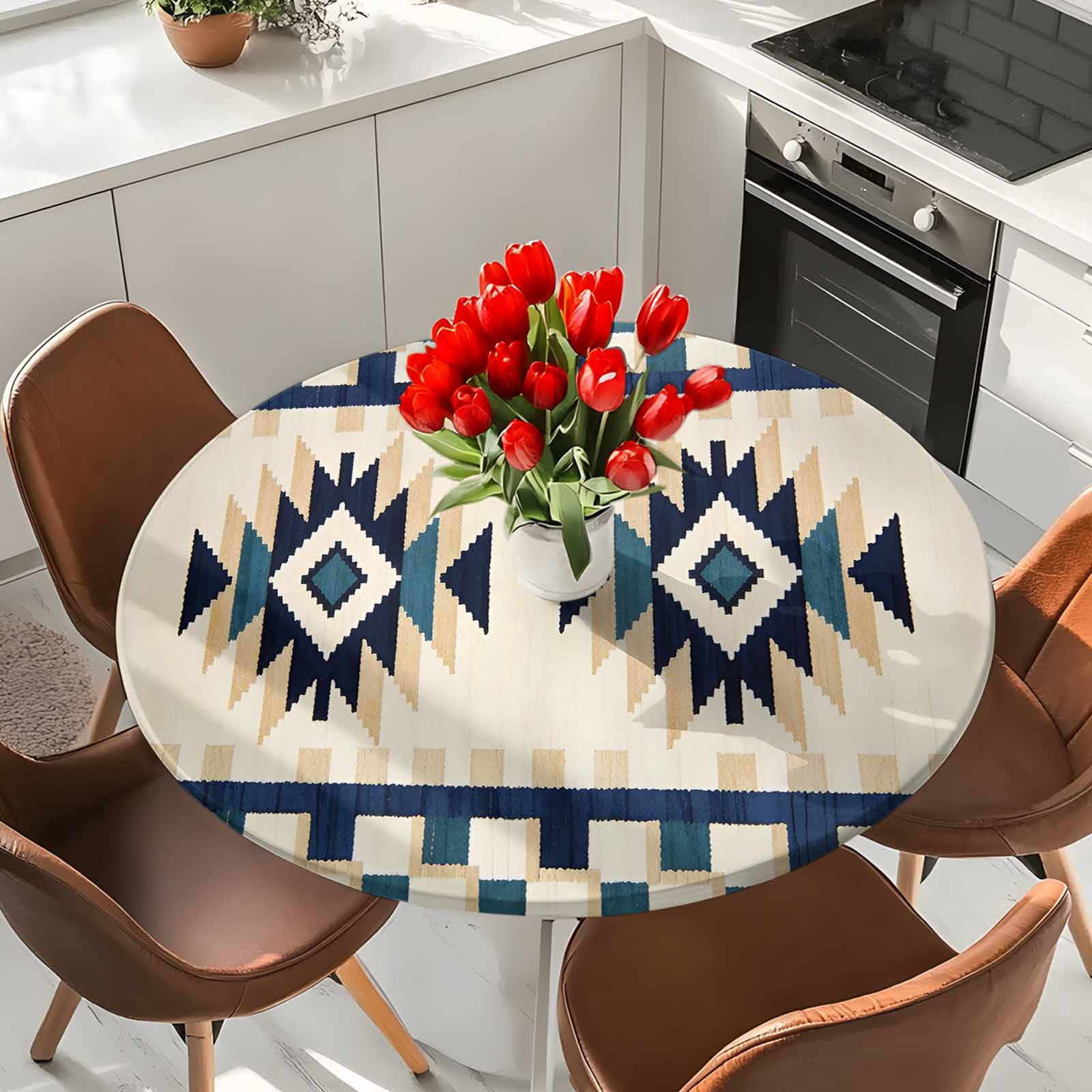 Blue Southwestern Aztec Ethnic Round Fitted Tablecloth with Elastic ...