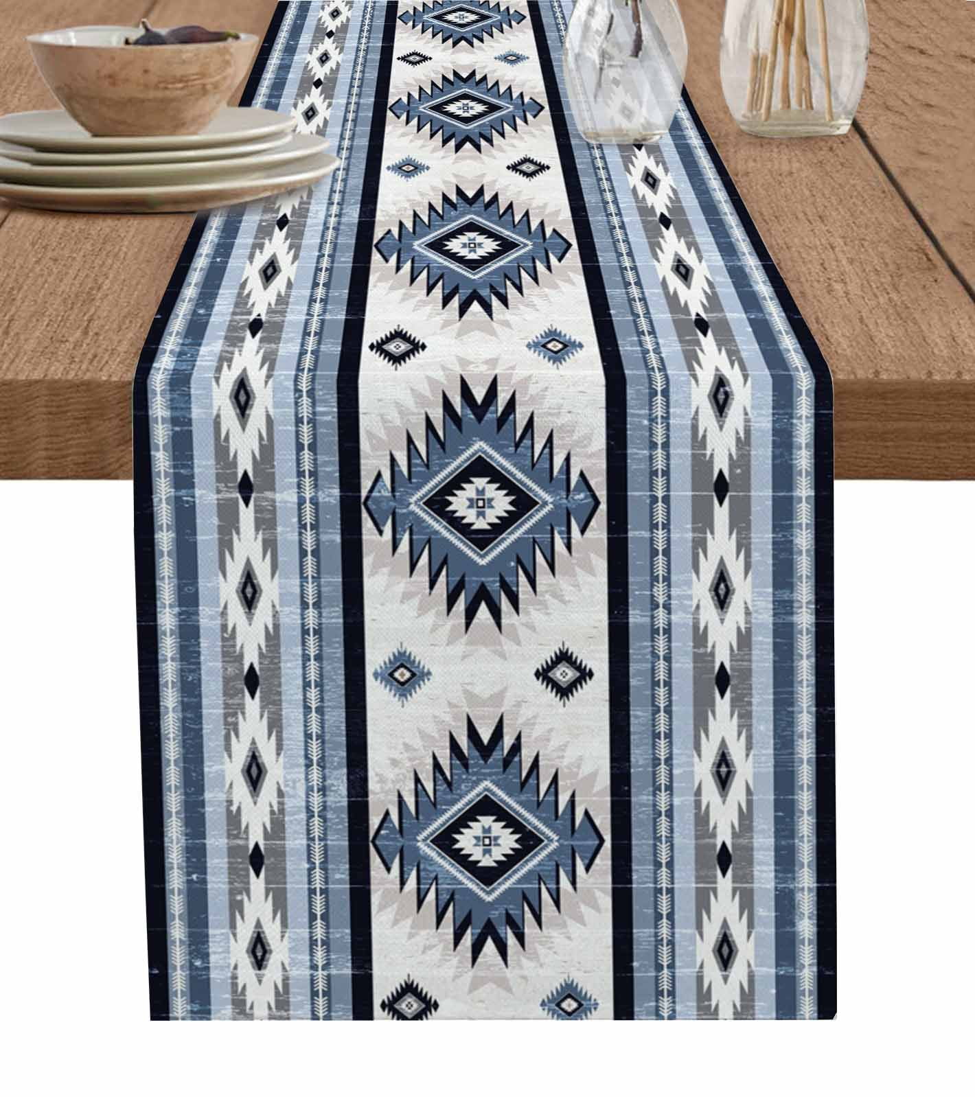 Blue Southwestern Burlap Cotton Table Runner 13x120 Inches Long, Boho ...