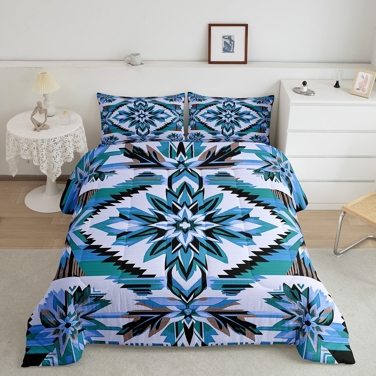 Blue Southwestern King Comforter Set,Vintage Bohemian Geometry Bedding ...
