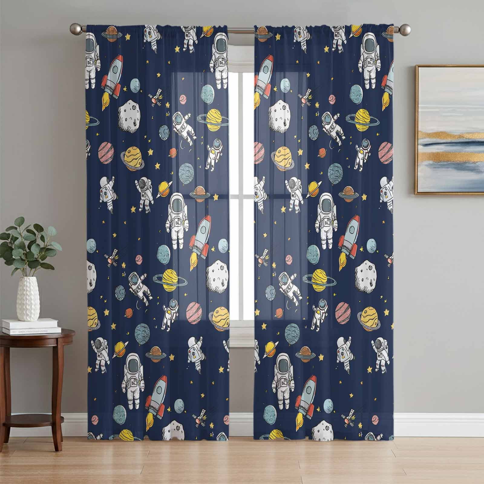 Blue Space Sheer Curtains for Living Room Bedroom Cartoon Cute ...