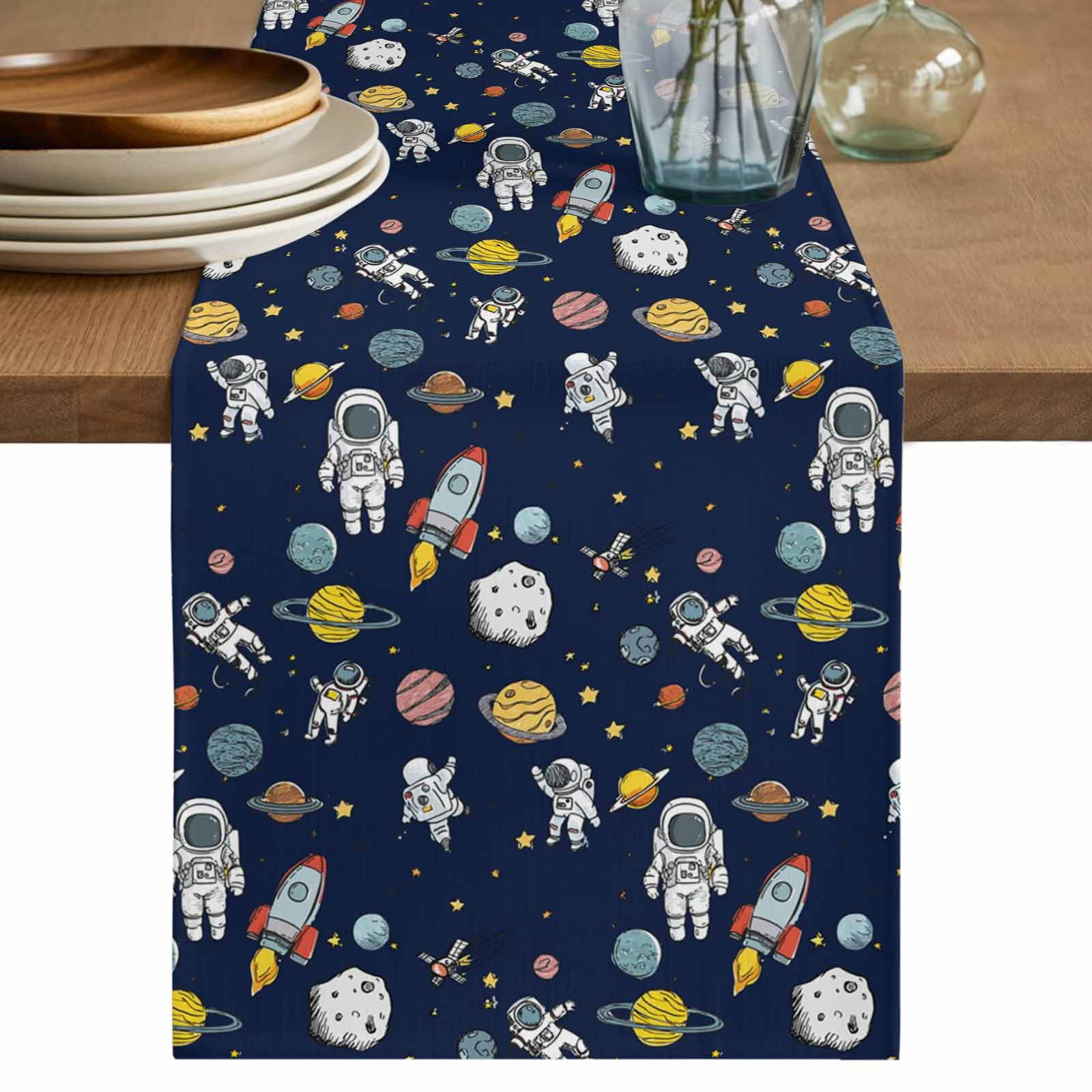 Blue Space Table Runner 90 Inches, Cartoon Cute Spaceship Planet Star ...