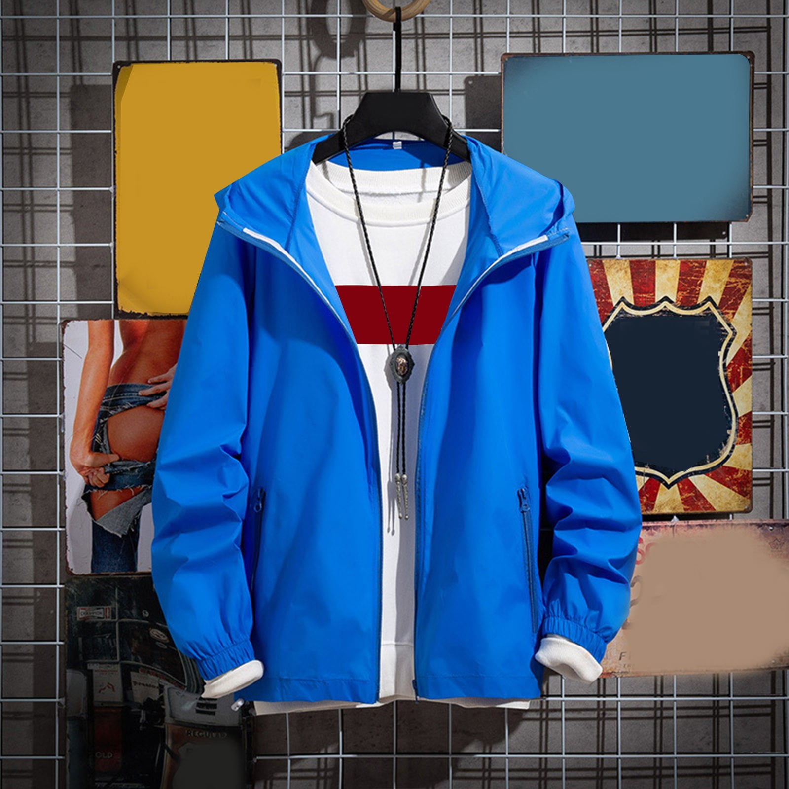 Blue Spandex Cover-Up Solid Solid Color Zip Mock Neck Men's Casual ...