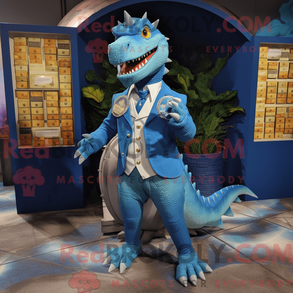 Blue Spinosaurus REDBROKOLY mascot costume character dressed with a ...