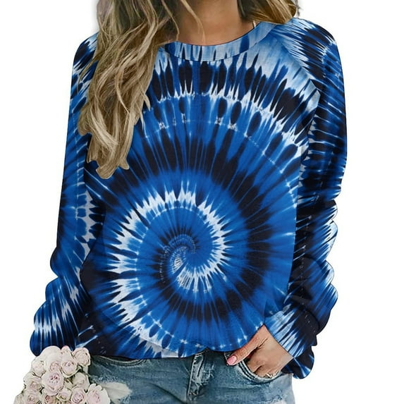 Blue Spiral Tie-dye Pattern Fashion Round Neck Long Sleeve Printed ...