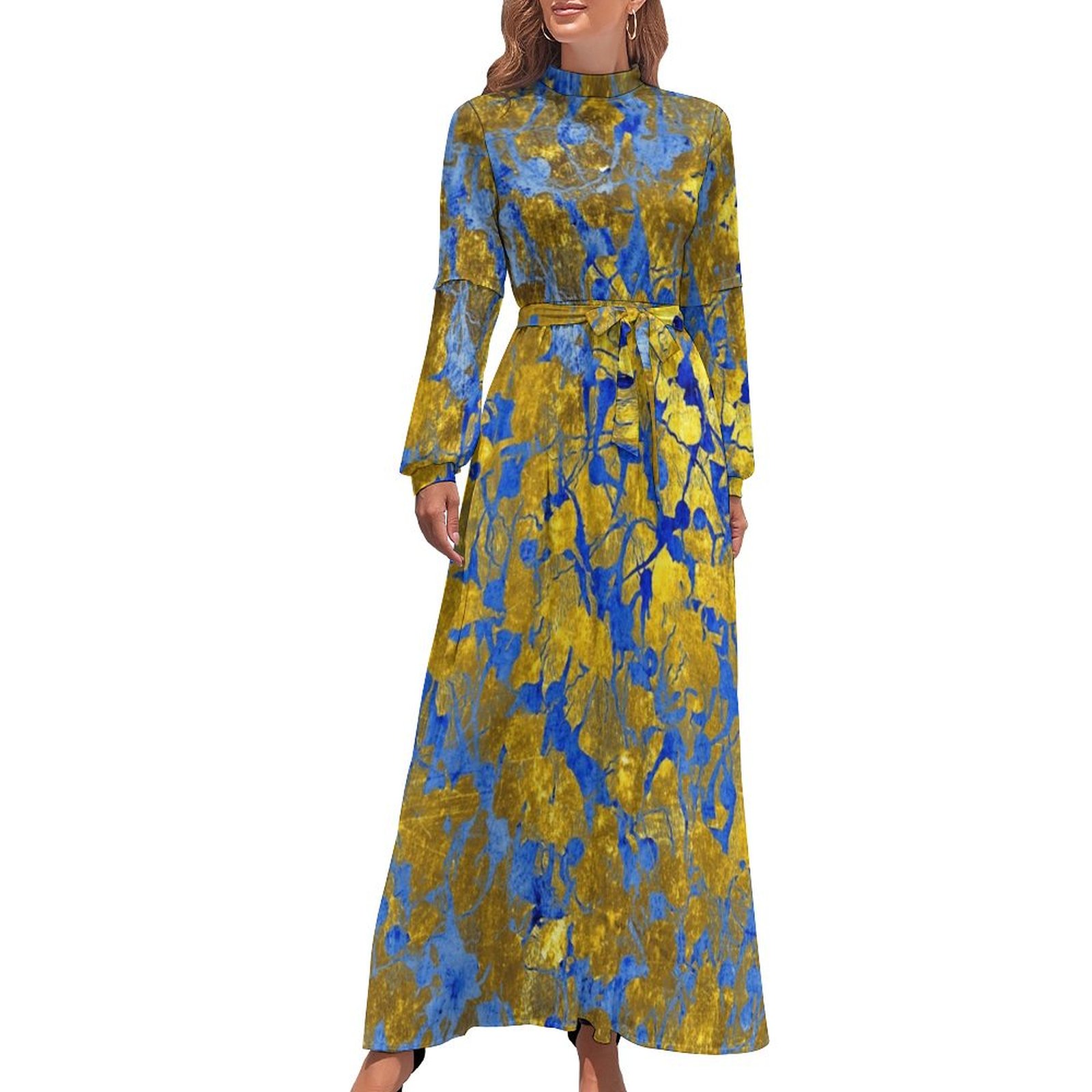 Blue Splash on Gold Long Dress chic and elegant woman dress women's ...