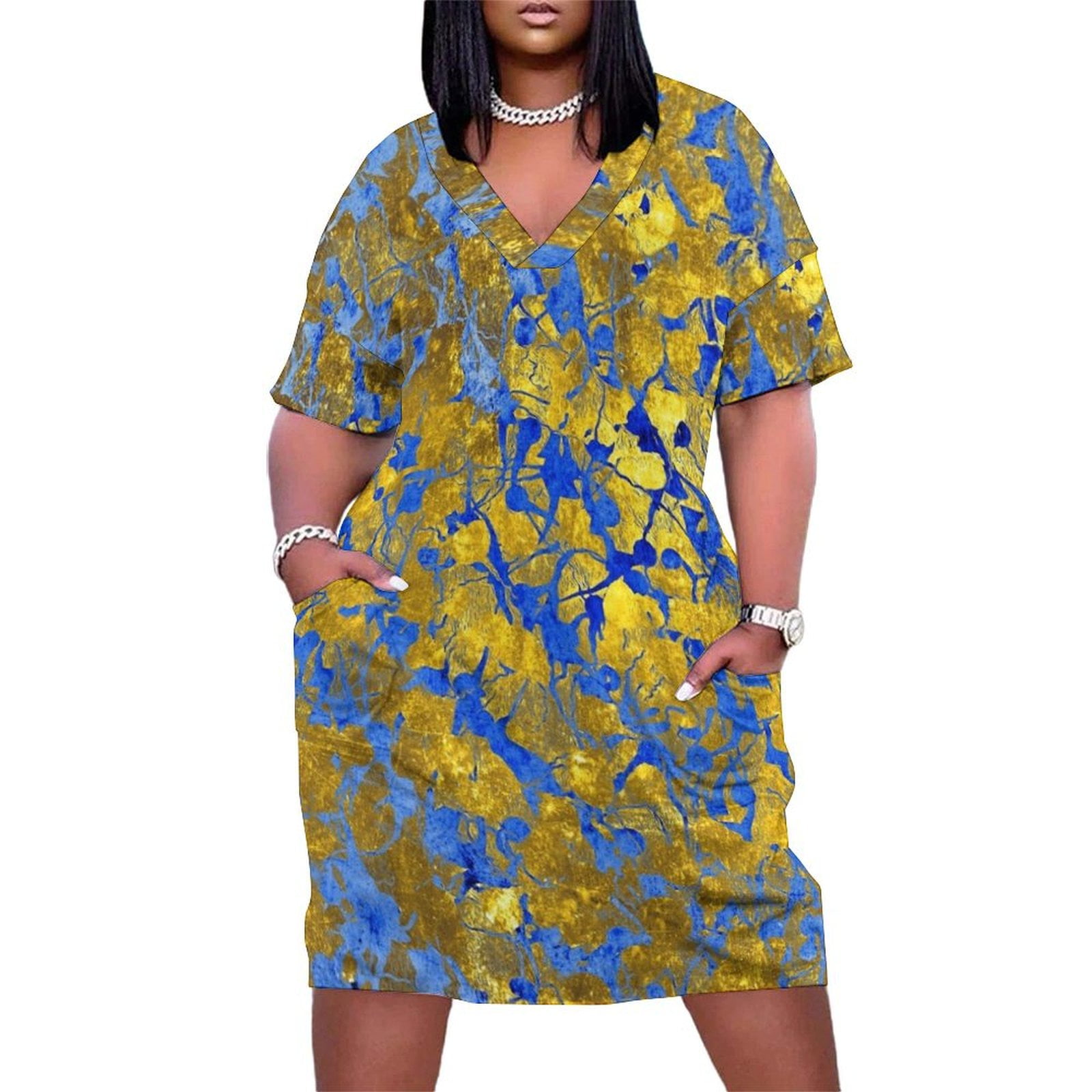Blue Splash on Gold Loose Pocket Dress clothes for women women"s summer ...
