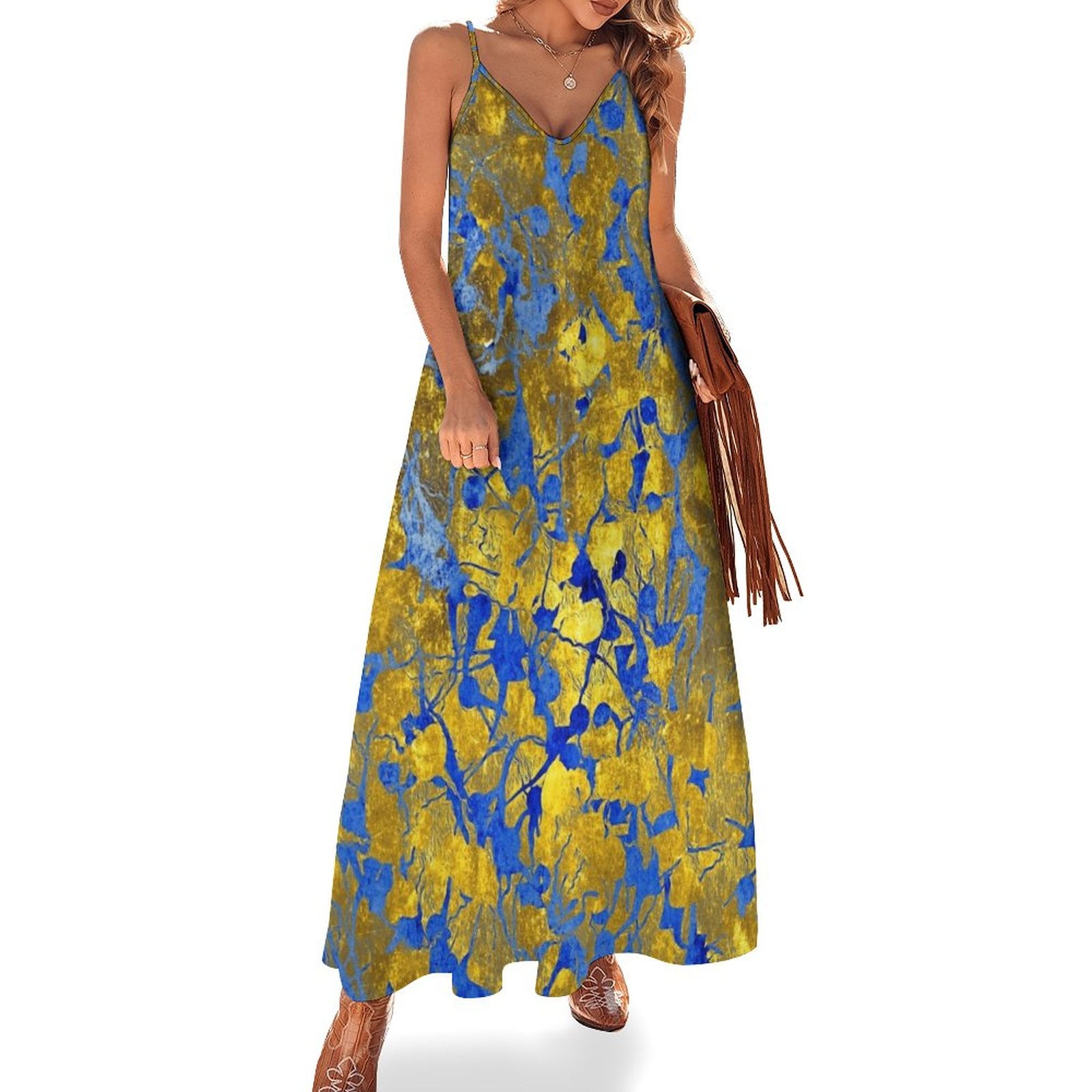 Blue Splash on Gold Sleeveless Dress women clothes luxury dresses ...