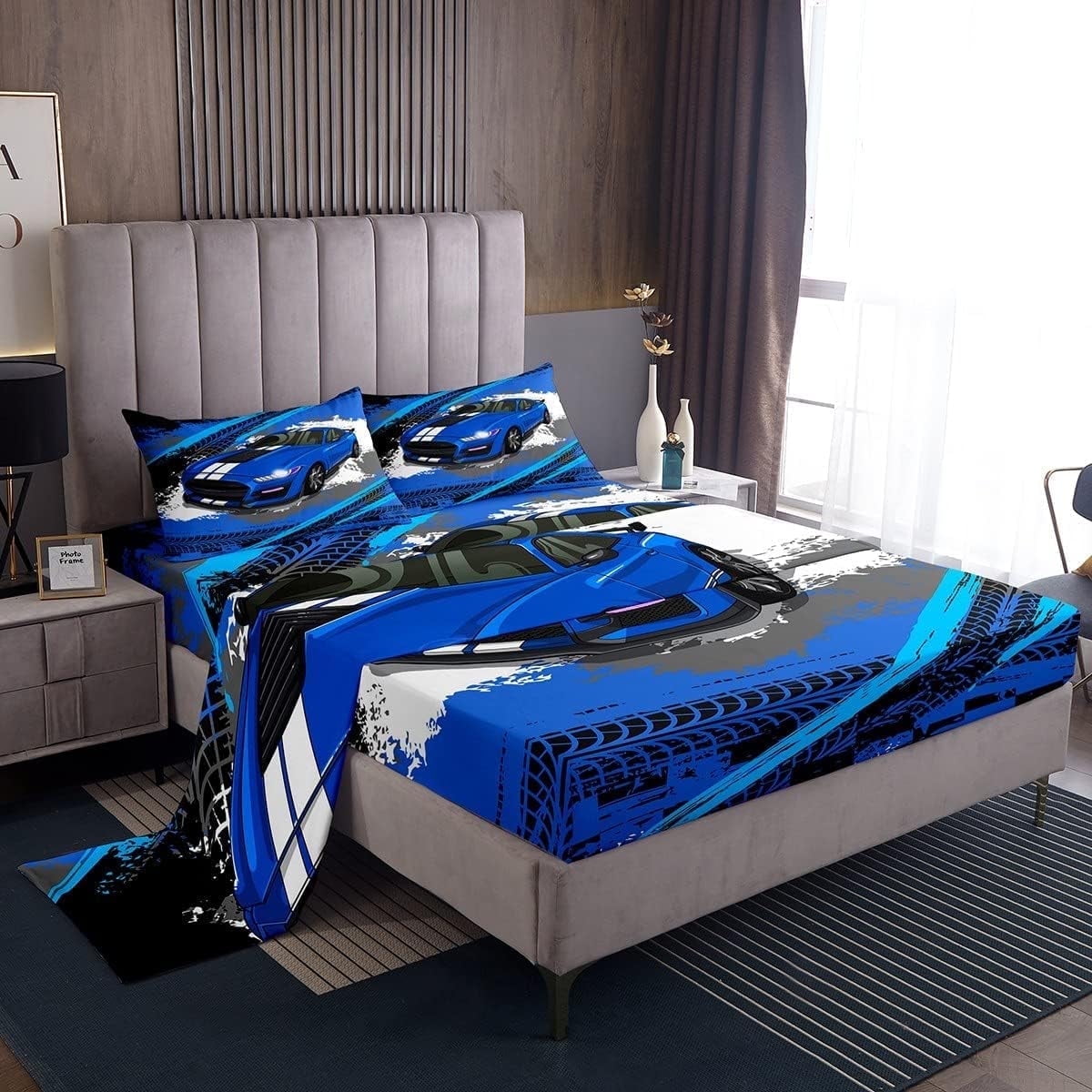Free Shipping! Blue Sports Car Sheet Set for Kids Boys Men,Graffiti ...