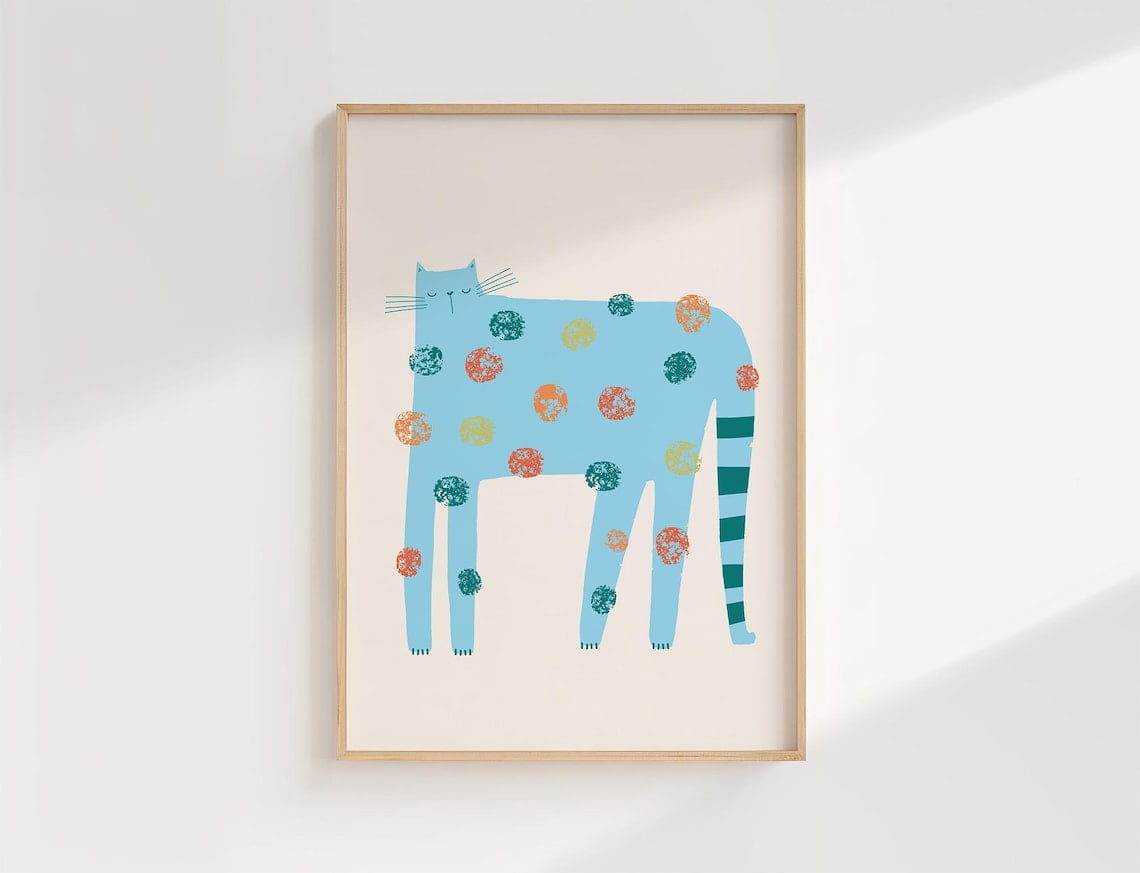 Blue Spotted Cat Print Whimsical Animal Nursery Decor Unframed Paper ...