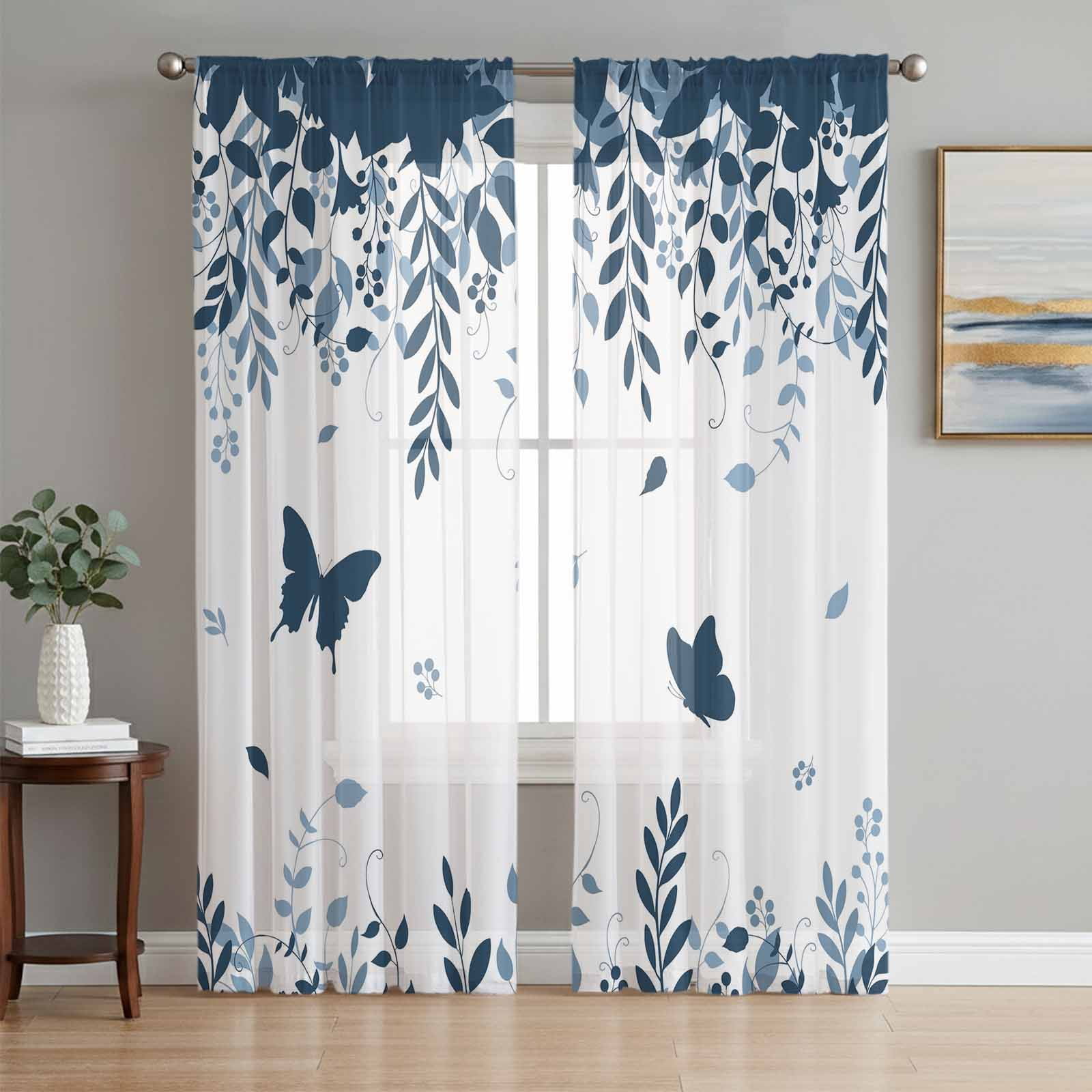 Blue Spring Botanical Sheer Curtains 96 Inch Length 2 Panels Set ...