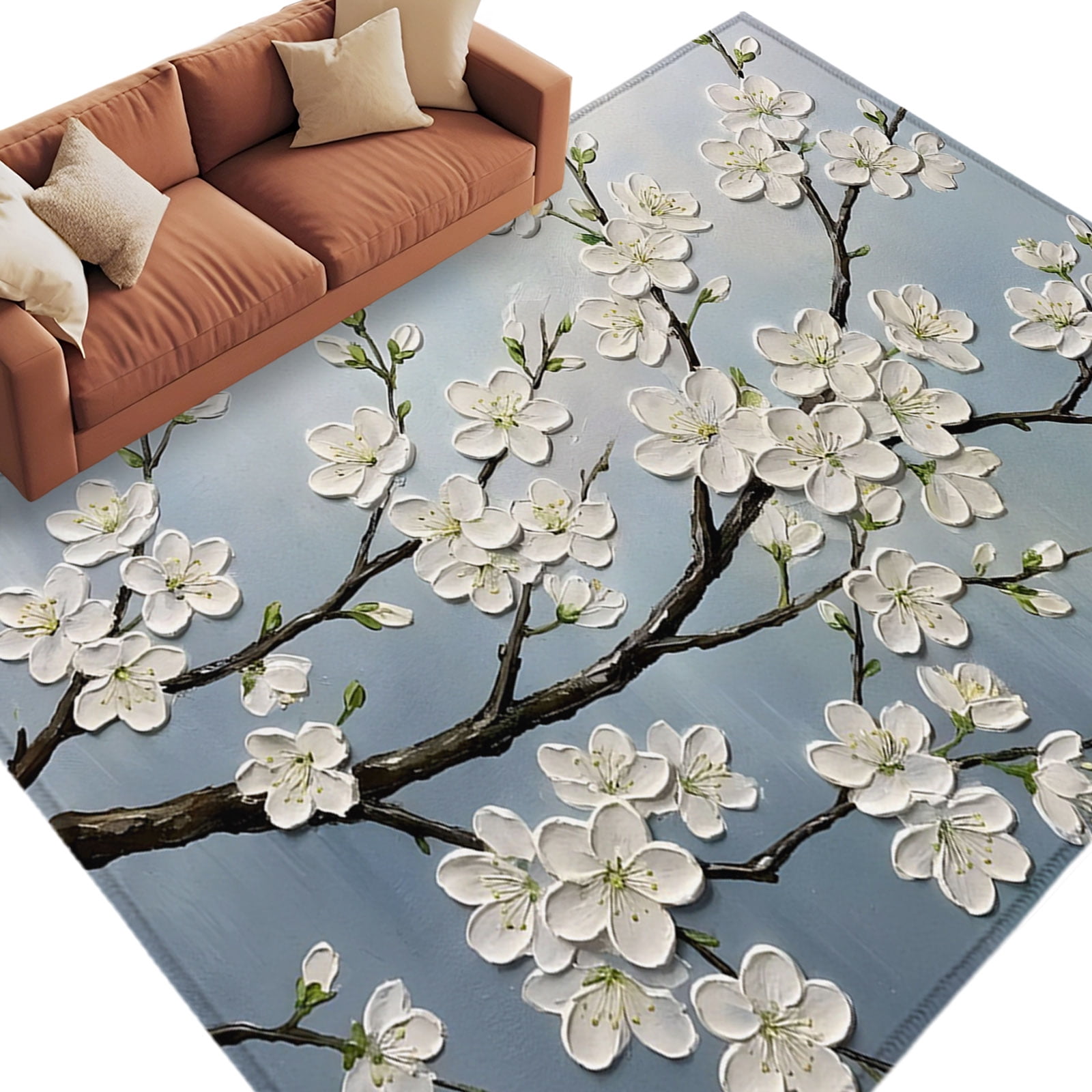 Blue Spring Floral Area Rug 5x7 Washable Rug Non Slip Cherry Blossoms ...