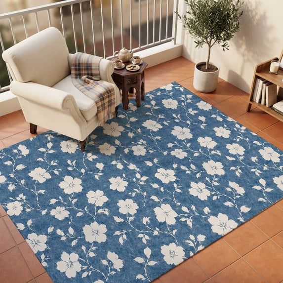 Blue Spring Floral Area Rugs 5'x7', Washable Small Throw Rugs for ...