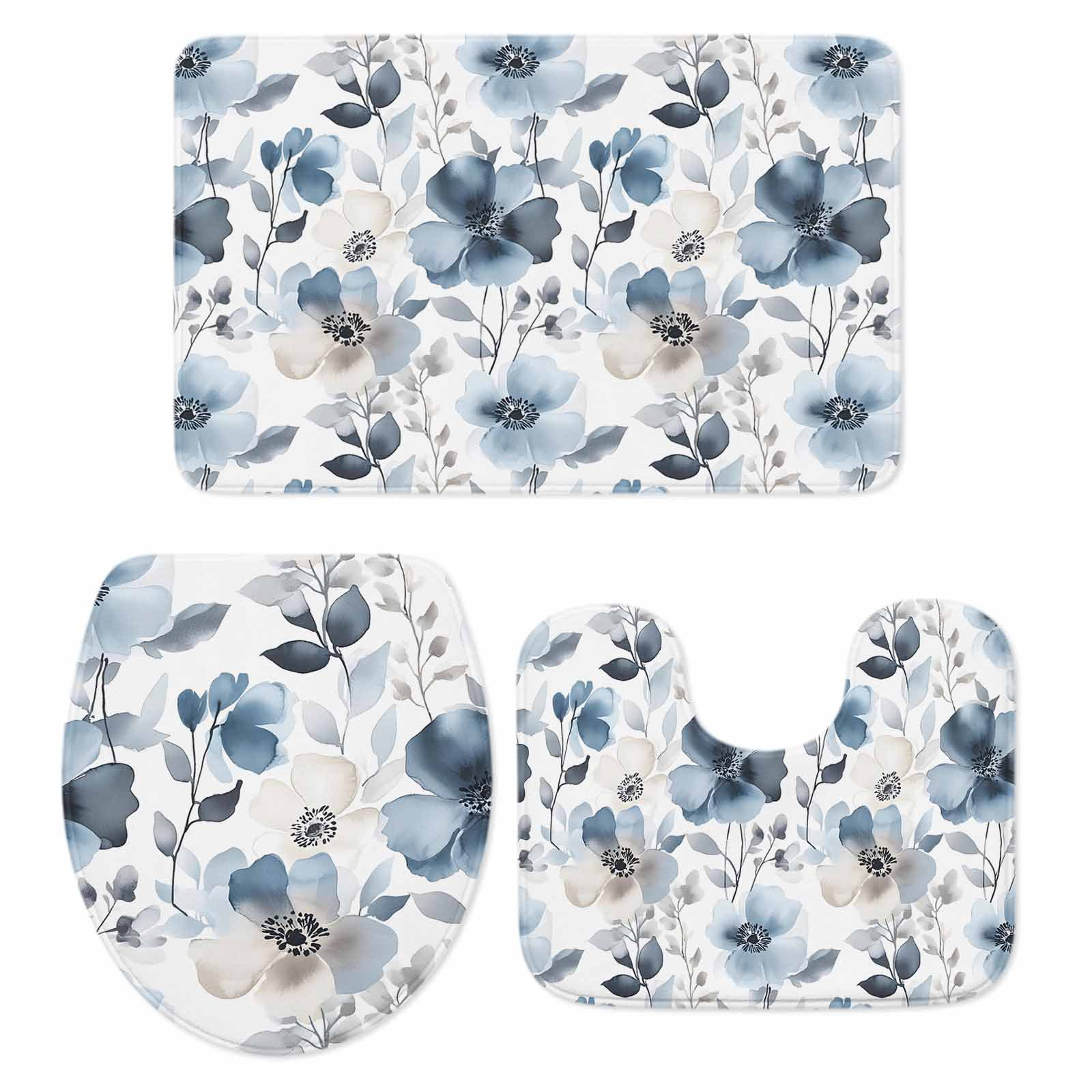 Blue Spring Floral Bath Mat 3 Piece Bathroom Rug Set, Watercolor Summer ...