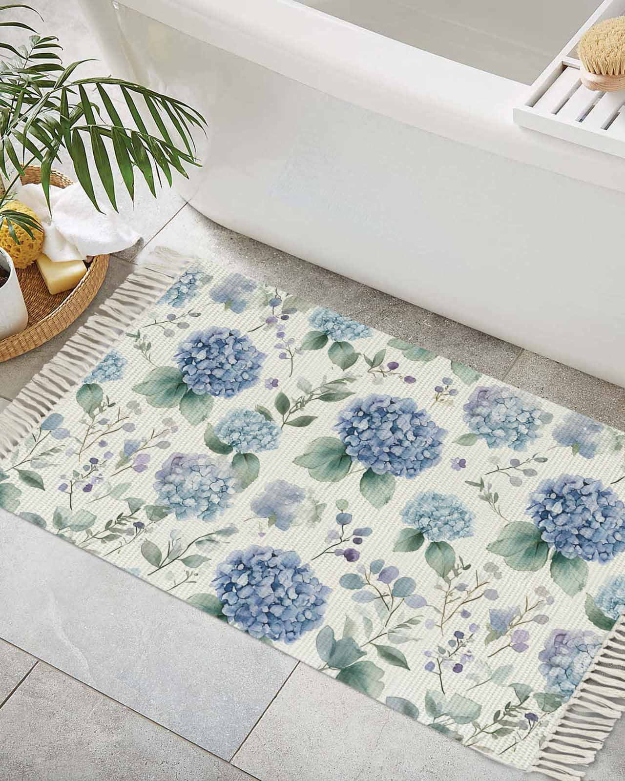 Blue Spring Floral Bath Rug 2x3ft Woven Bathroom Entryway Runner Rug ...