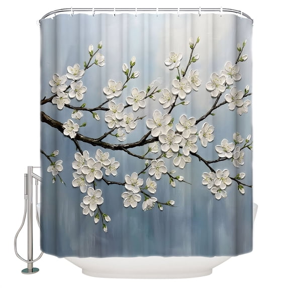 Blue Spring Floral Bathroom Shower Curtains with 12 Hooks Polyester ...