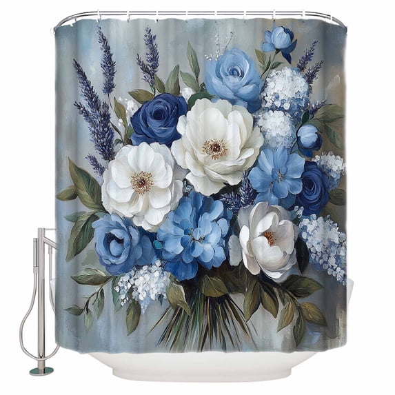 Blue Spring Floral Bathroom Shower Curtains with 12 Hooks Polyester ...