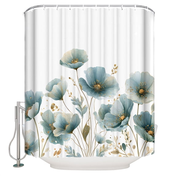 Blue Spring Floral Bathroom Shower Curtains with 12 Hooks Polyester ...