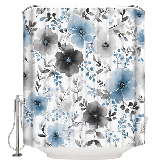 Blue Spring Floral Bathroom Shower Curtains with 12 Hooks Waterproof ...