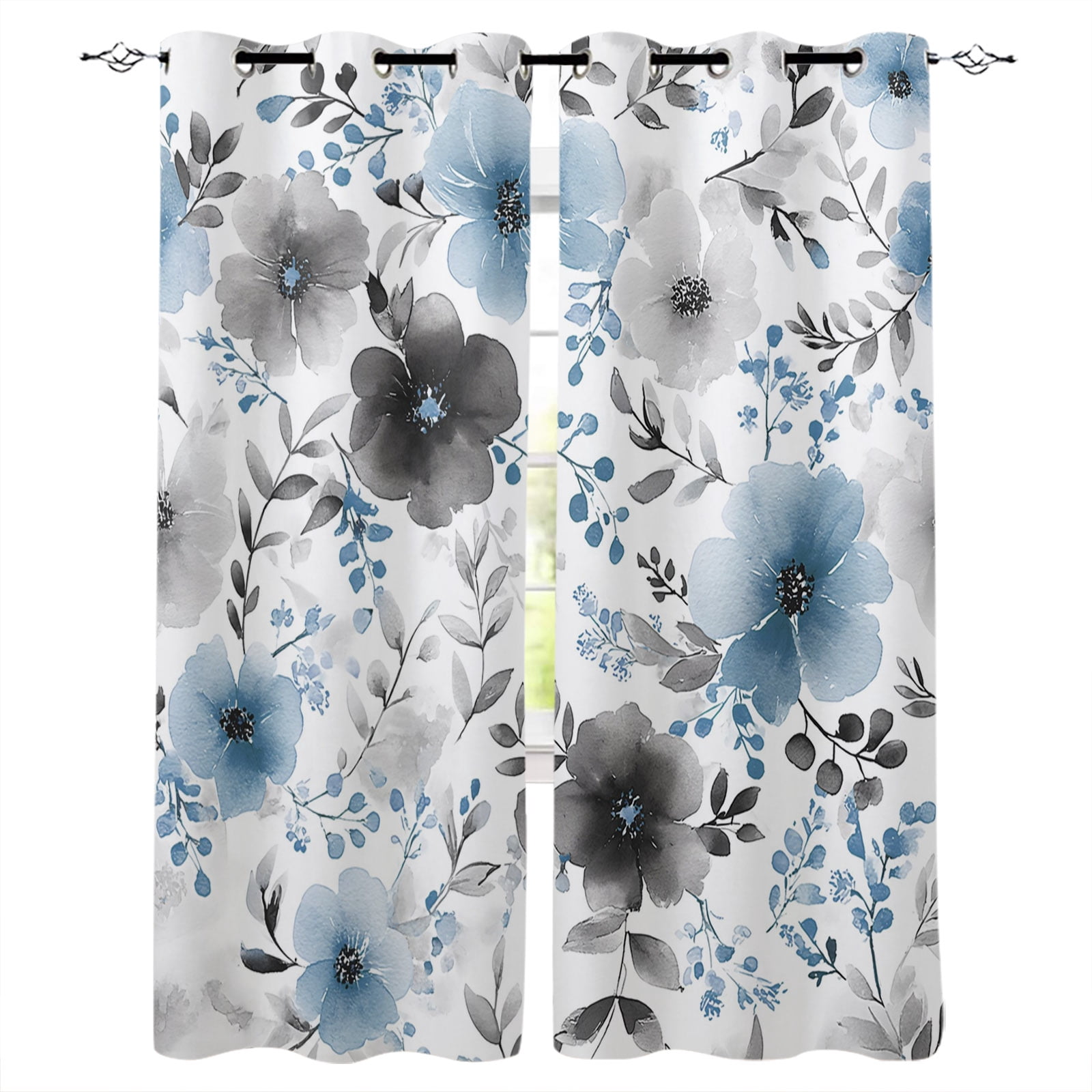 Blue Spring Floral Blackout Curtains for Bedroom/Living Room, Thermal ...